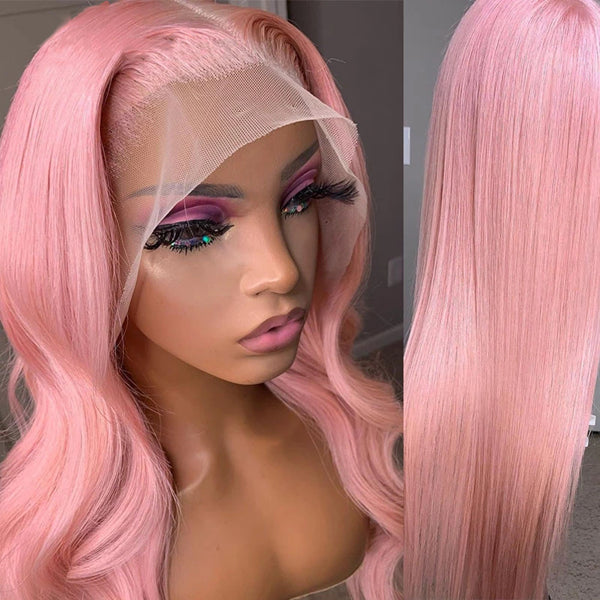 Pink Colored Lace Front Wig Body Wave Human Hair Transparent Lace ...