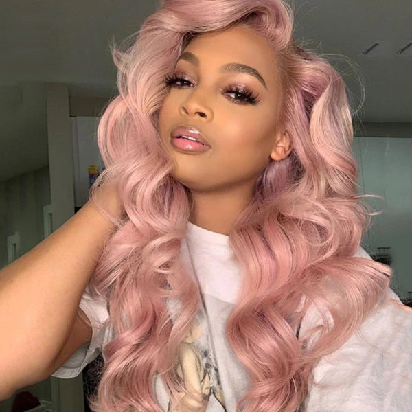 Pink Colored Lace Front Wig Body Wave Human Hair Transparent Lace ...
